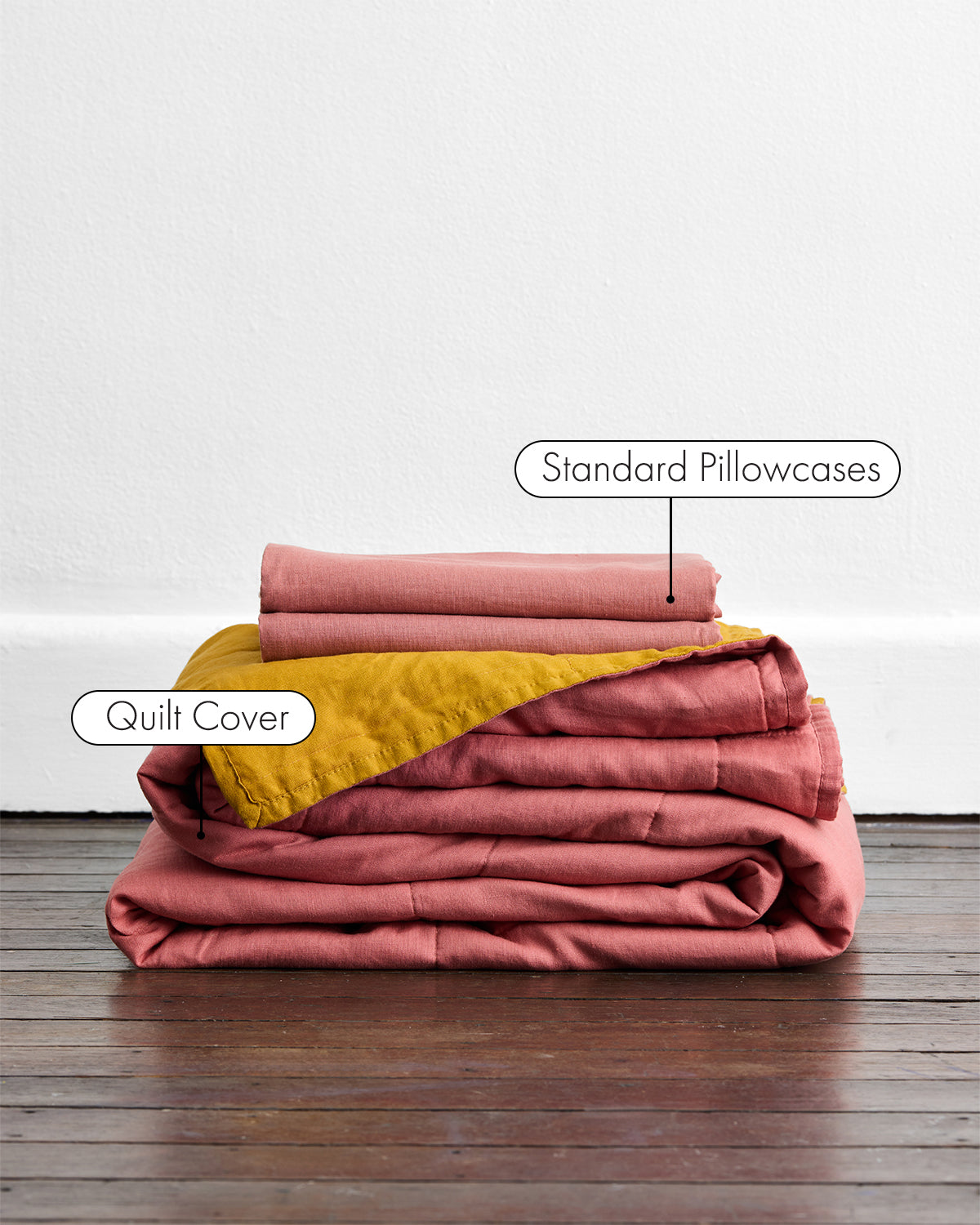 100% French Flax Linen Quilt Set - Pink Clay & Turmeric | Bed Threads